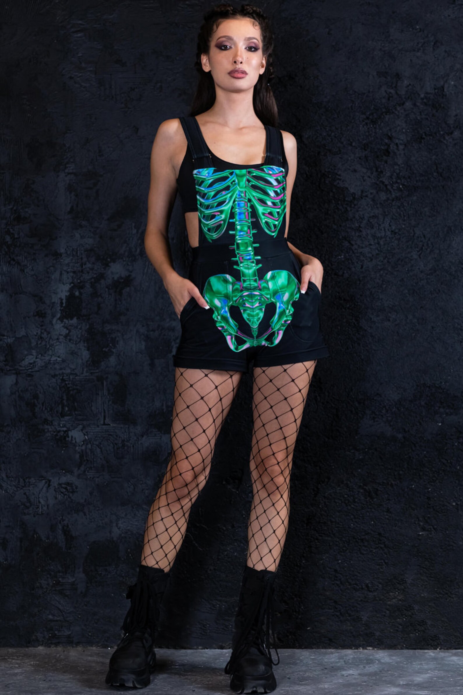 Green Skeleton Shortalls, Black Shortalls With Green Bones, Halloween ...