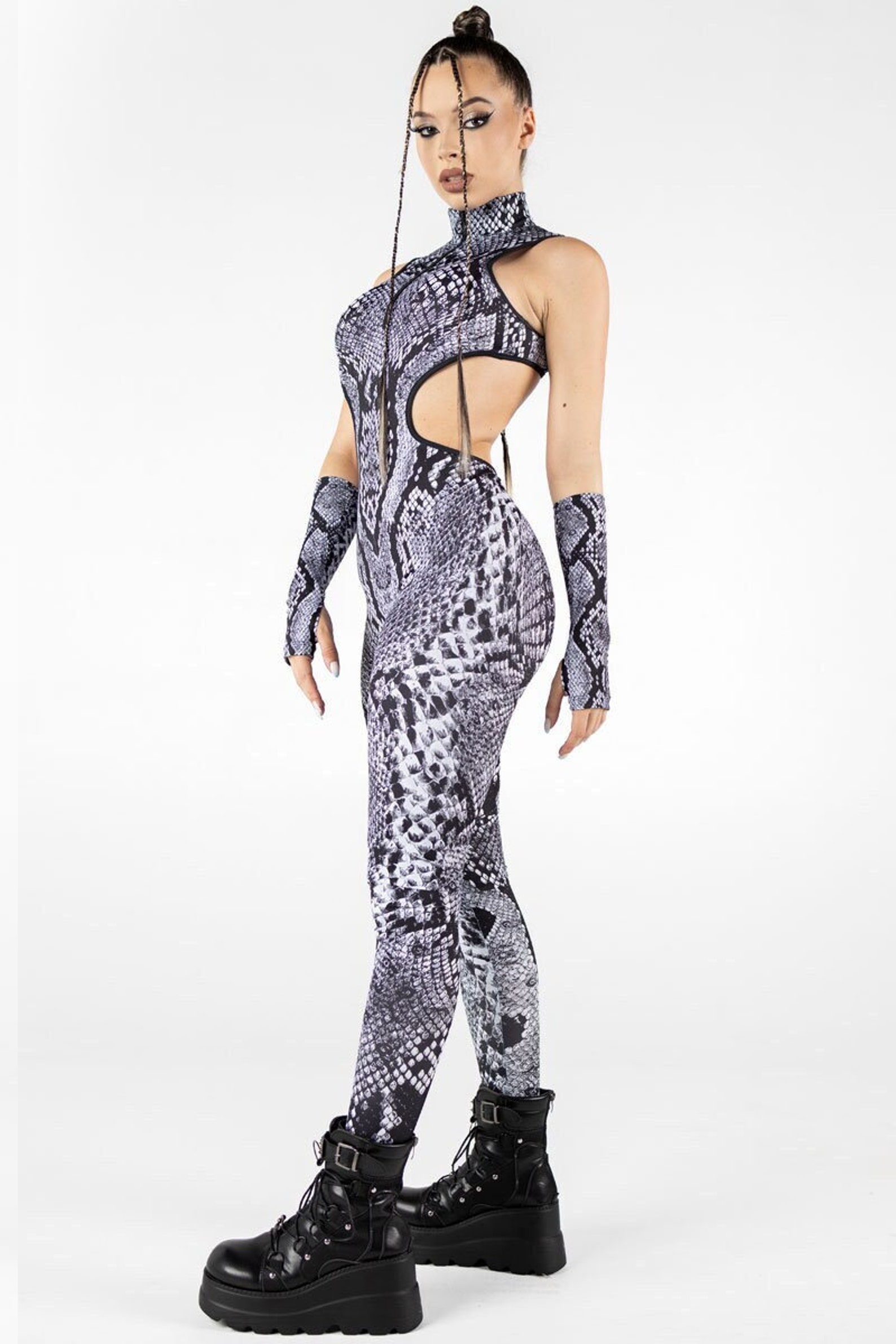 Snake Print Rave Costumes for Women, Gray Snakeskin Cutout Bodysuit ...