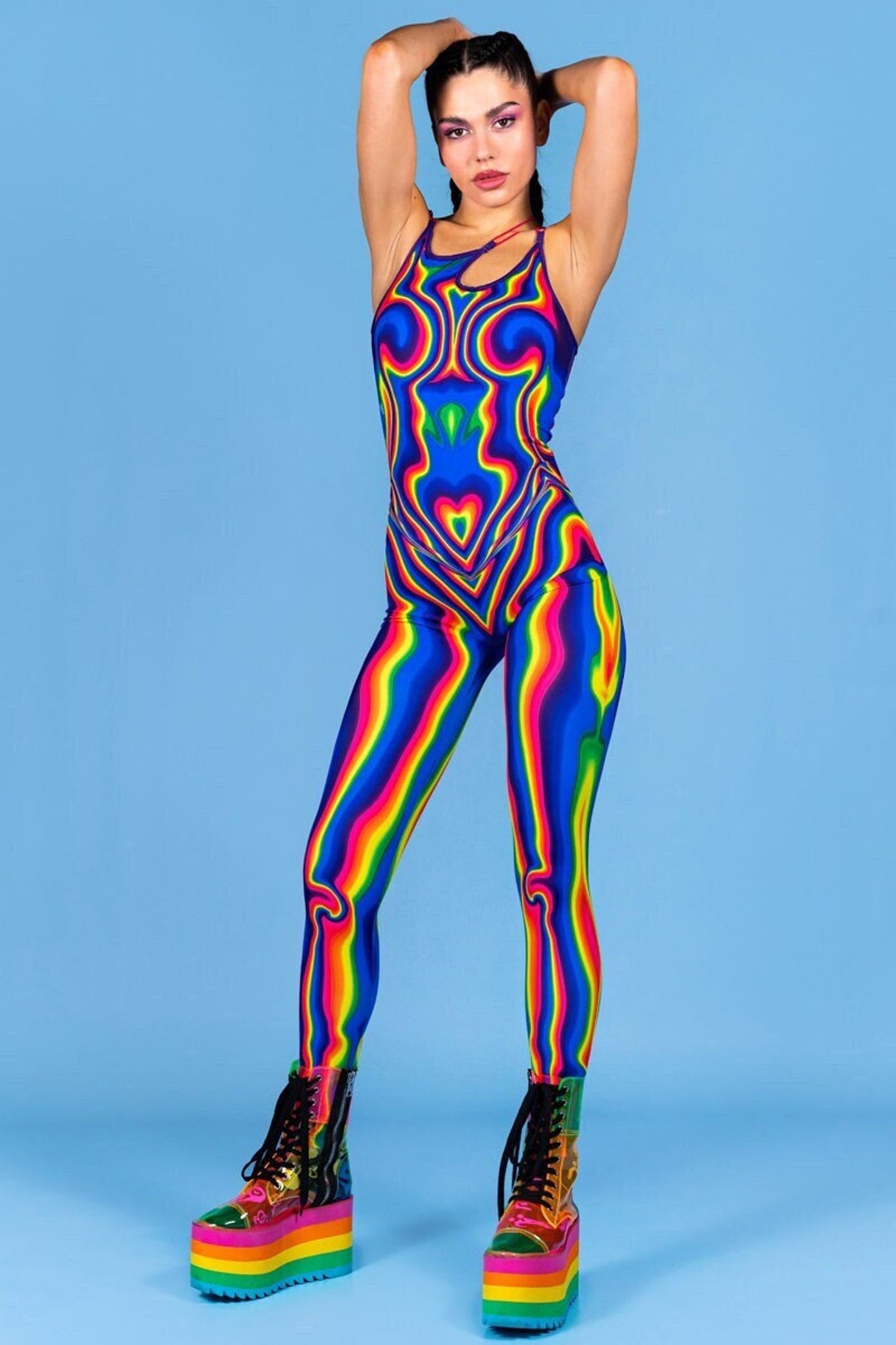 Psychedelic Rave Jumpsuit Rainbow Catsuit For Women Trippy Bodysuit