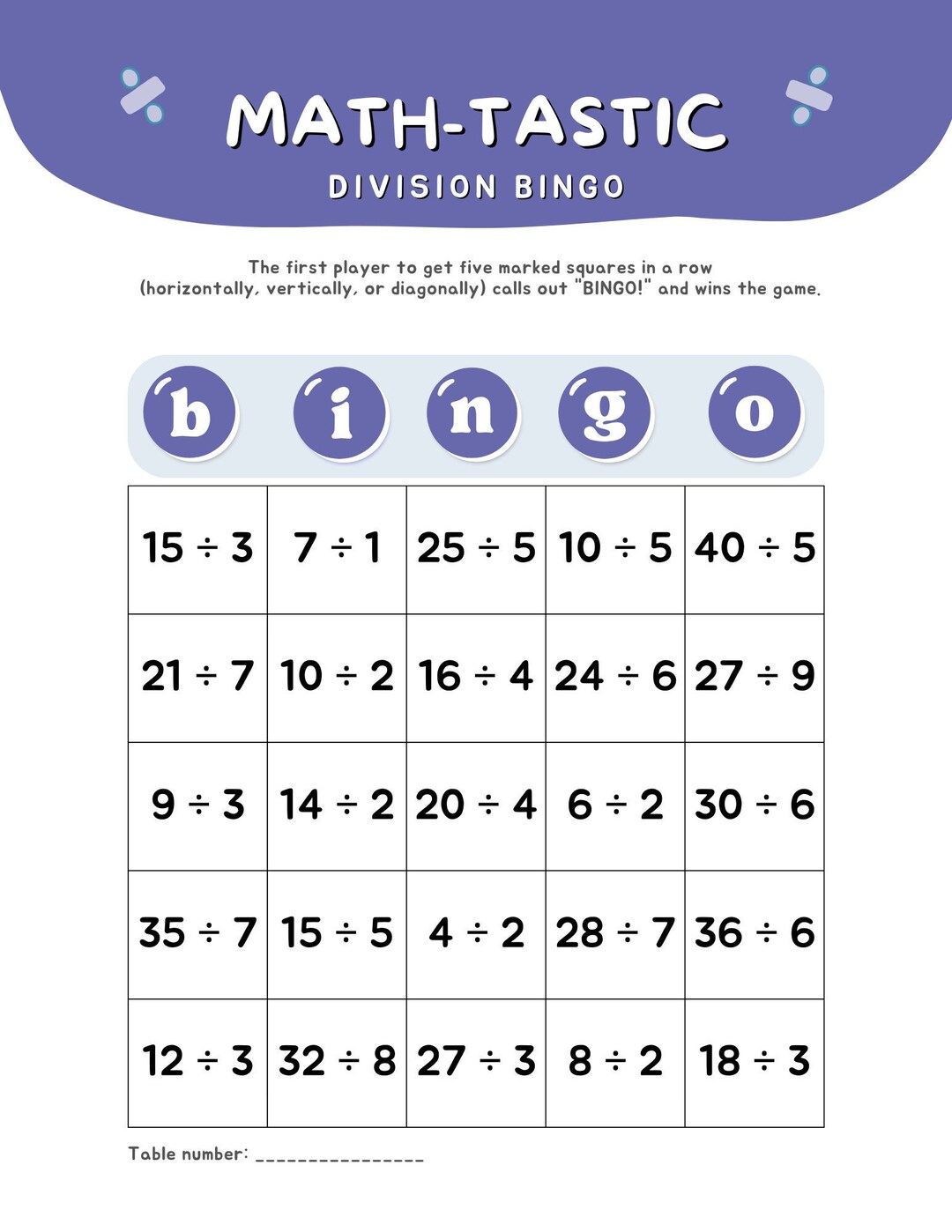 Math Division Bingo Worksheets **DIGITAL** - Etsy