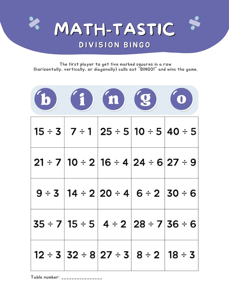 Math Division Bingo Worksheets **DIGITAL** - Etsy