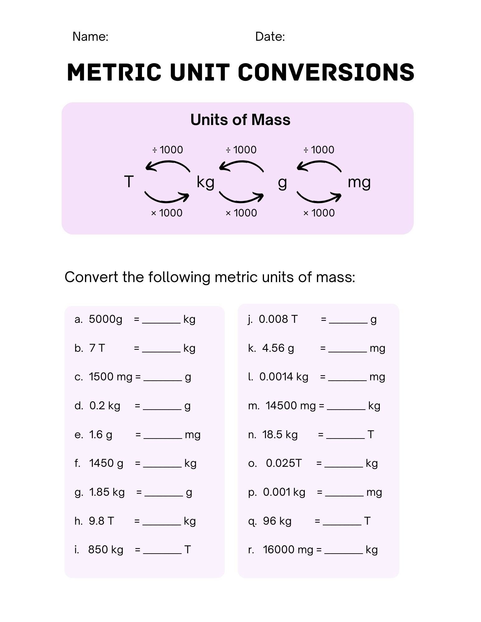 Meter Conversion Worksheet