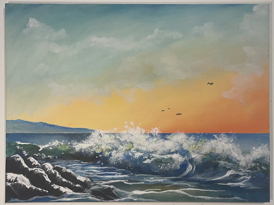 Cute Painting of a Sunset of the Waves of the Sea, 18x24 Acrylic in ...