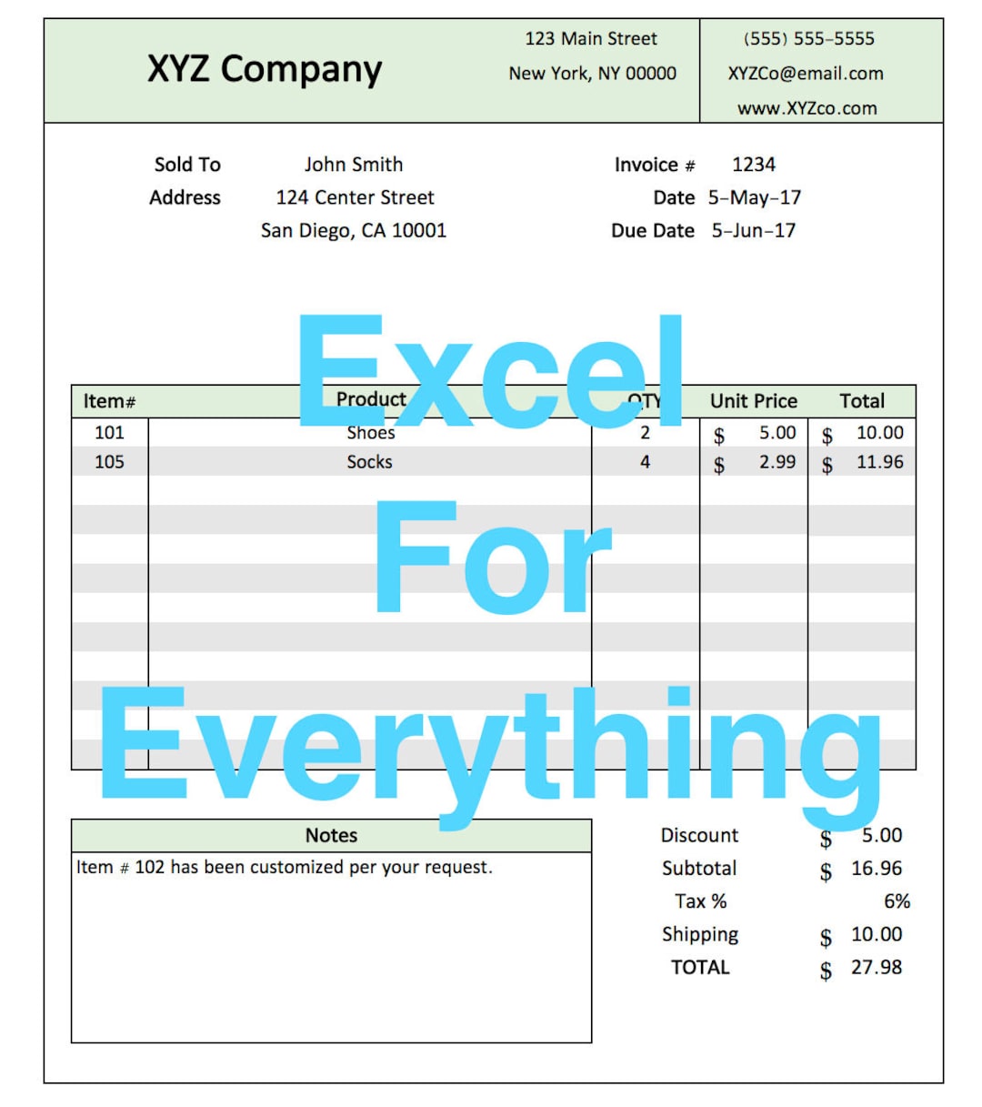 Excel Customer Invoice Template - Etsy