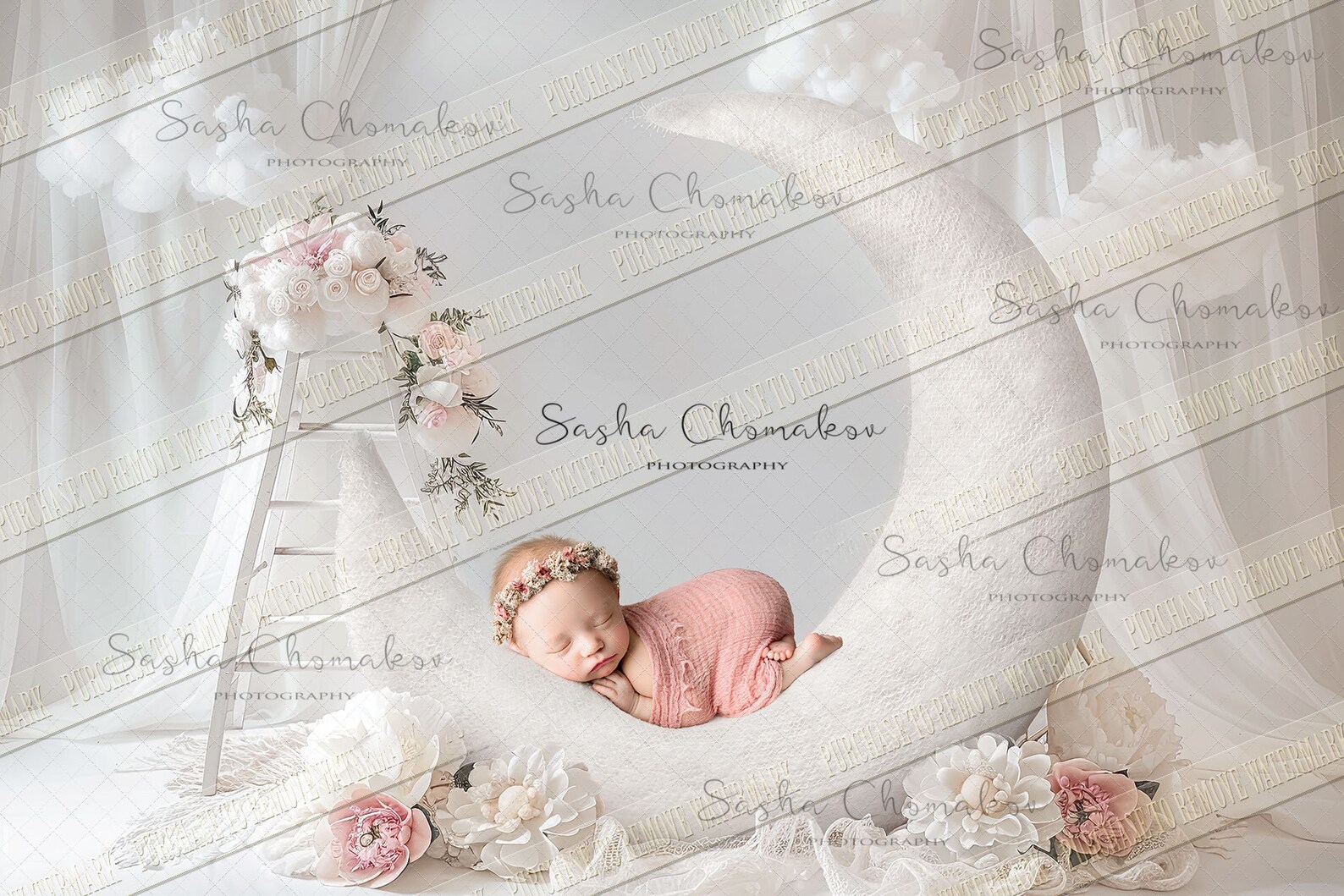 2 Digital Backgrounds Backdrops Newborn Girl Boy Moon Prop and Ai ...