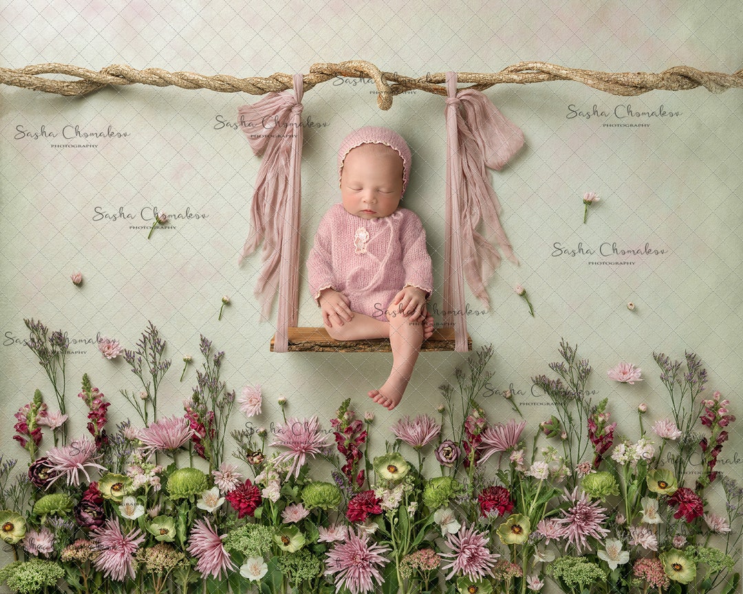 Digital Backdrop Background Newborn Girl Swing Flowers Purple , Green ...