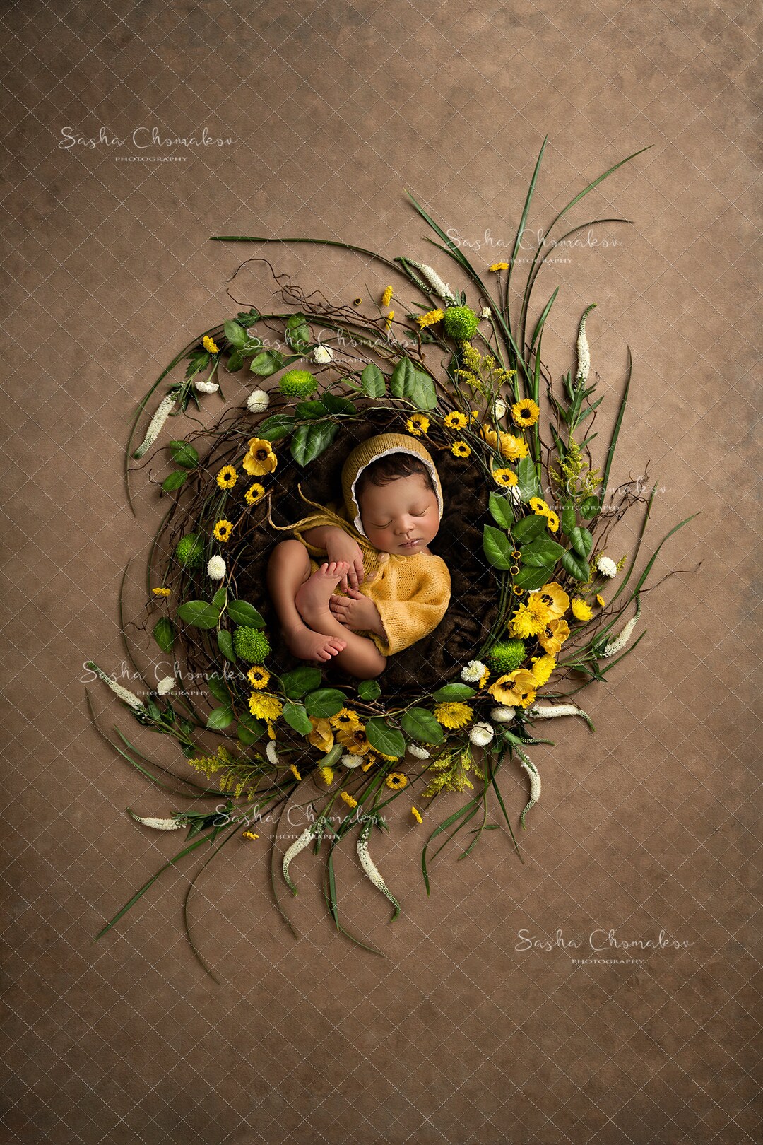 Digital Backdrop Background Newborn Girl Spring Dark Green and Yellow ...