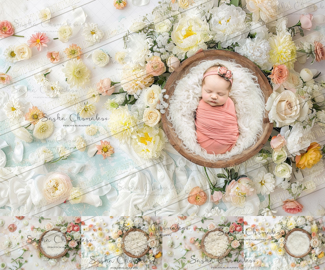 Digital Backgrounds Backdrops Newborn Girl overhead Bowl Floral Pinks ...