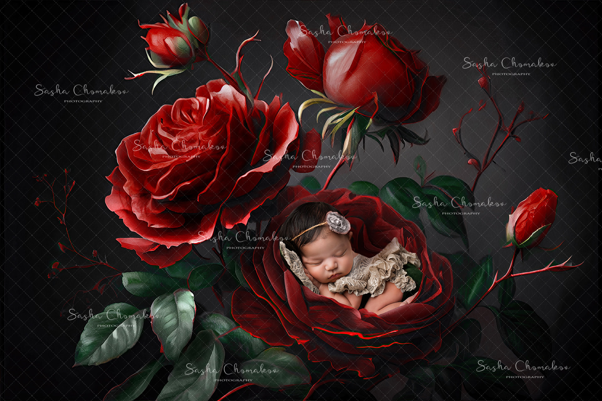 Cute Babies In Red Roses