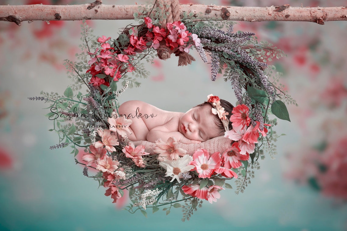 Digital Backdrop, Background Newborn Baby Girl Flowers Hanging Wreath ...