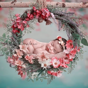 Digital Backdrop, Background Newborn Baby Girl Flowers Hanging Wreath ...