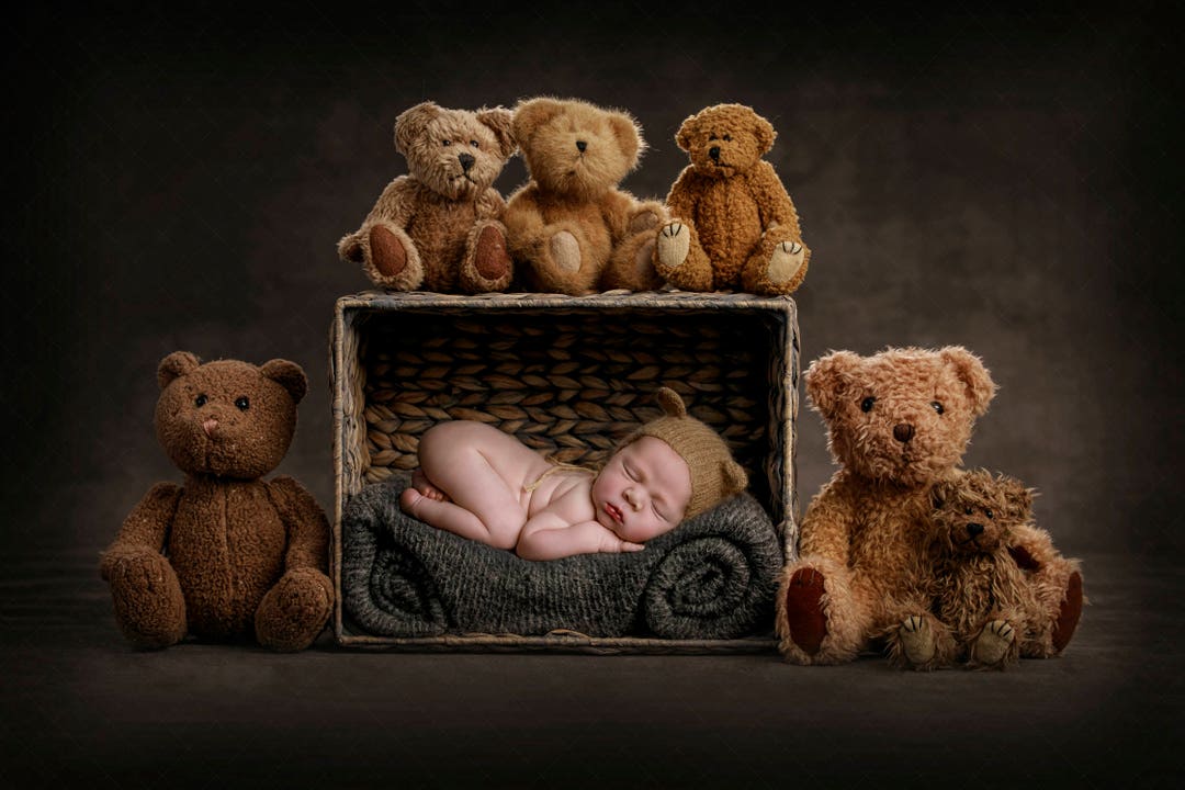 Digital Backdrop, Background Newborn Baby Girl or Boy Teddy Bears Dark ...