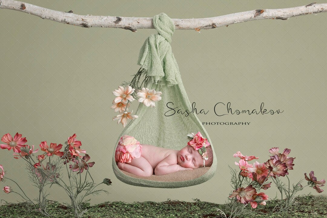 Digital Backdrop Background Newborn Baby Girl Hanging Branch Green ...