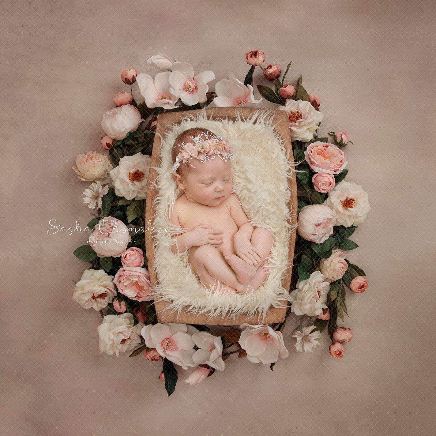 Digital Backdrop, Background Newborn Baby Girl Peach Flowers Fur ...