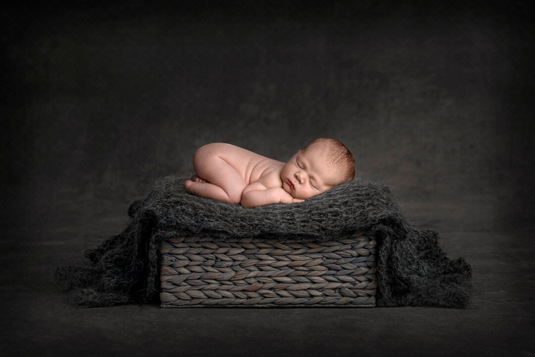 Digital Backdrop, Background Newborn Baby Girl or Boy Gray Dark Basket ...