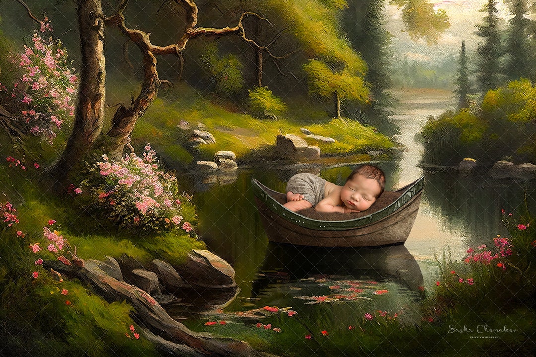 Digital Backdrop Background Newborn Baby Girl Boy Hand Painted Boat on ...