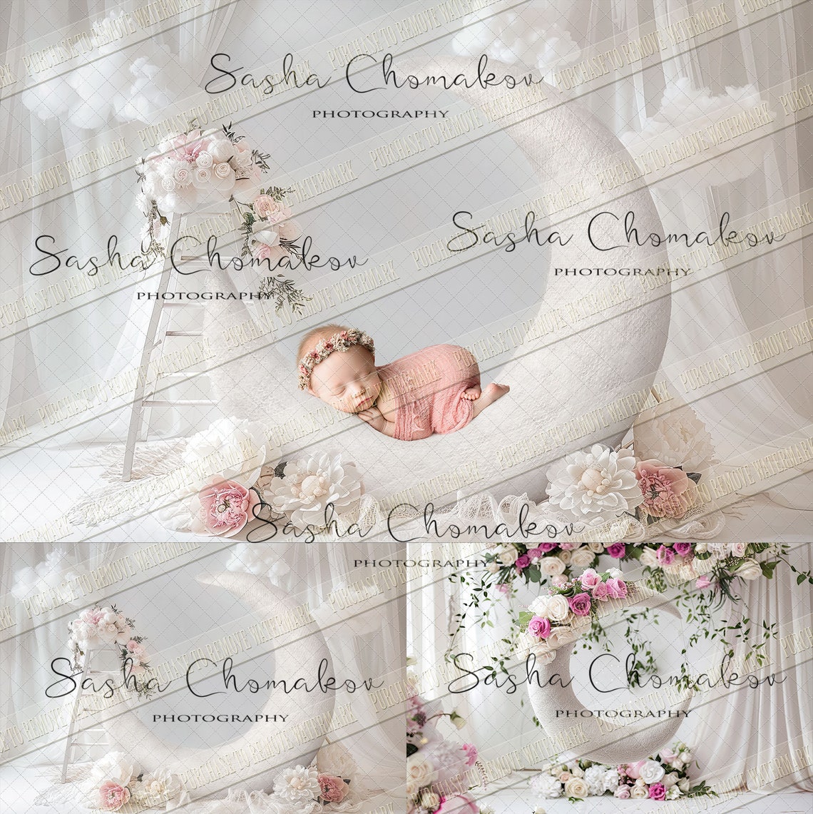 2 Digital Backgrounds Backdrops Newborn Girl Boy Moon Prop and Ai ...