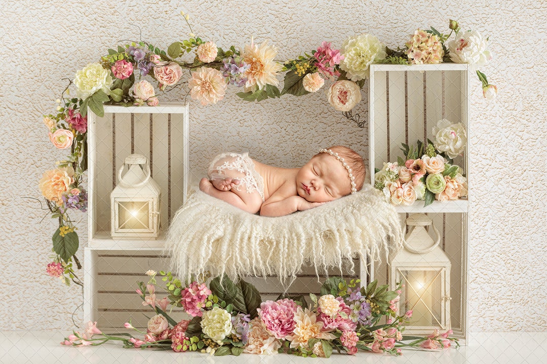 Digital Backdrop Background Newborn Girl , Flowers Spring Side Pose ...
