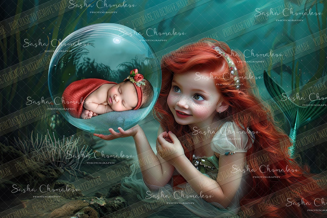 Digital Backdrop, Background Newborn Baby Girl Mermaid Holding a Bubble ...