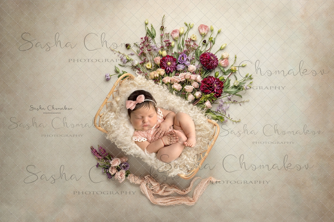 Digital Backdrop Background Newborn Girl Floral Flowers Cream White ...