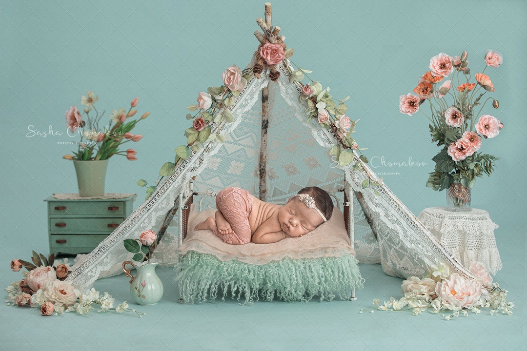 Digital Backdrop, Background Newborn Baby Girl Sitter Light Blue Cream ...