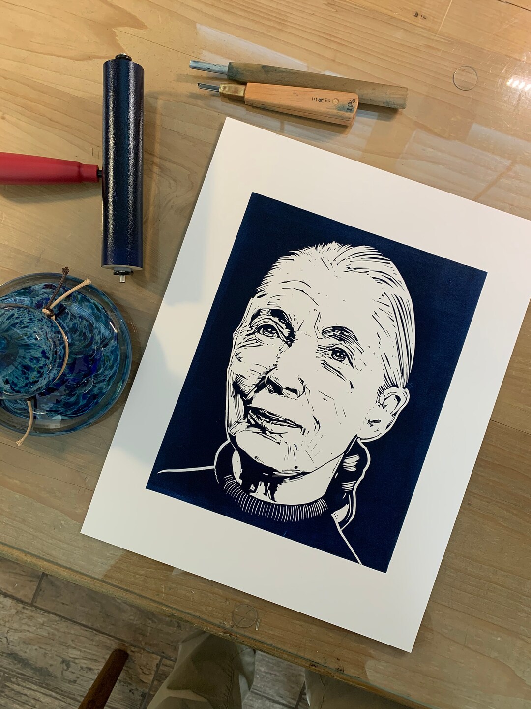 Linocut Portrait of Jane Goodall, Handmade, Hand Printed From Tom ...