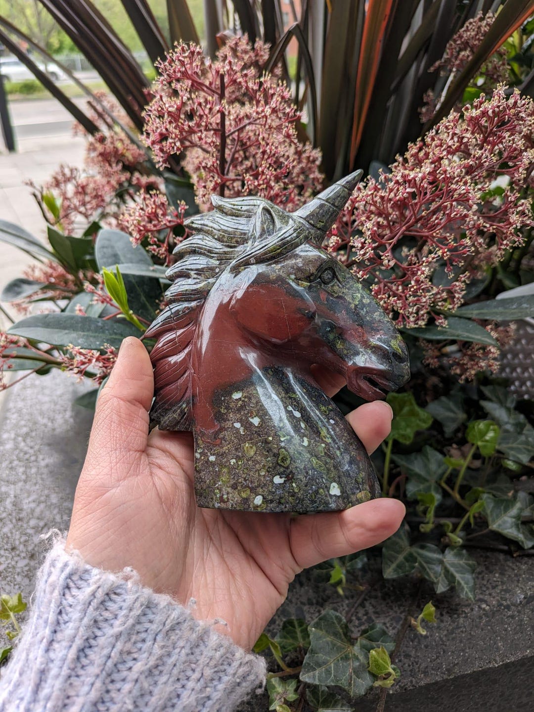 Dragon's Bloodstone Unicorn Carving: Root & Heart Chakra Stone (13cm ...