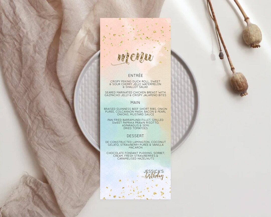 Pastel Menu Pastel Rainbow Menu Template Colorful Pastel Table Decor ...