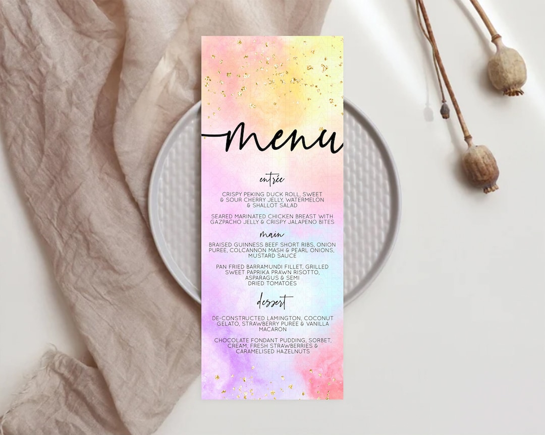 Pastel Menu Pastel Rainbow Menu Template Colorful Pastel Table Decor ...