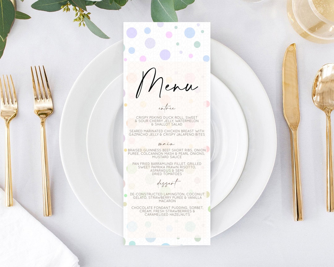 Rainbow Menu Pastel Menu Template Pastel Rainbow Table Decor Confetti ...