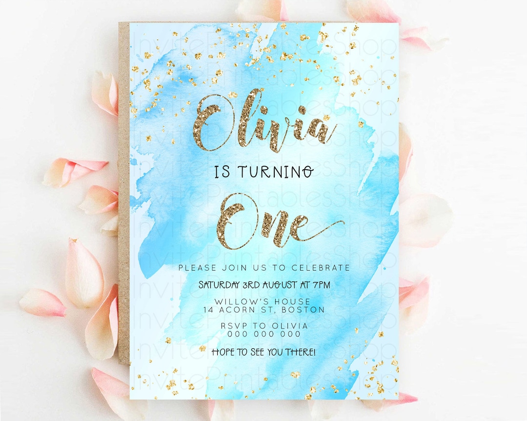 Blue Birthday Invitation Blue Watercolor Invitation Pastel Blue ...