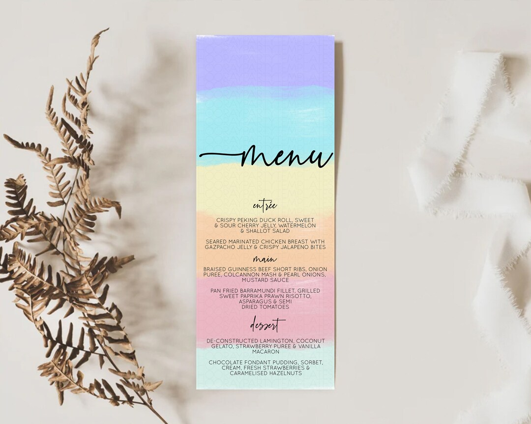 Pastel Menu Pastel Rainbow Menu Template Colorful Pastel Table Decor ...