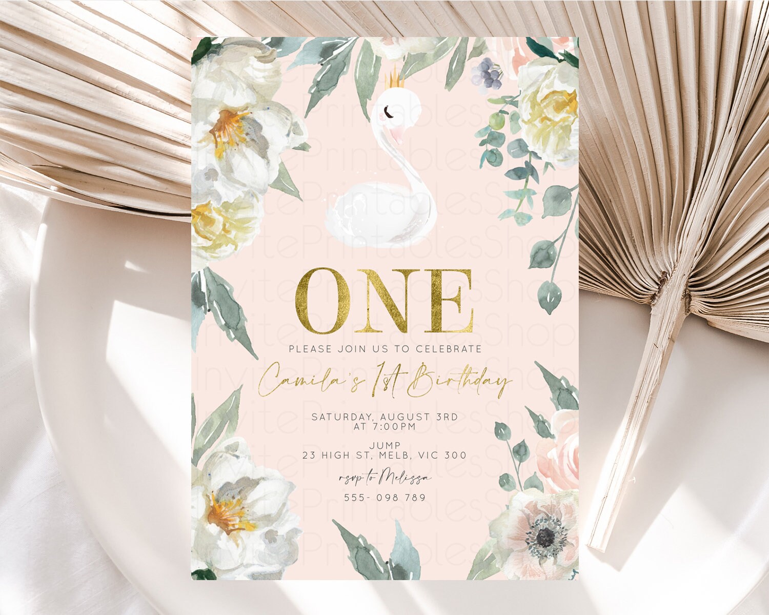 Swan Birthday Invitation White Floral Birthday Invitation Swan | Etsy