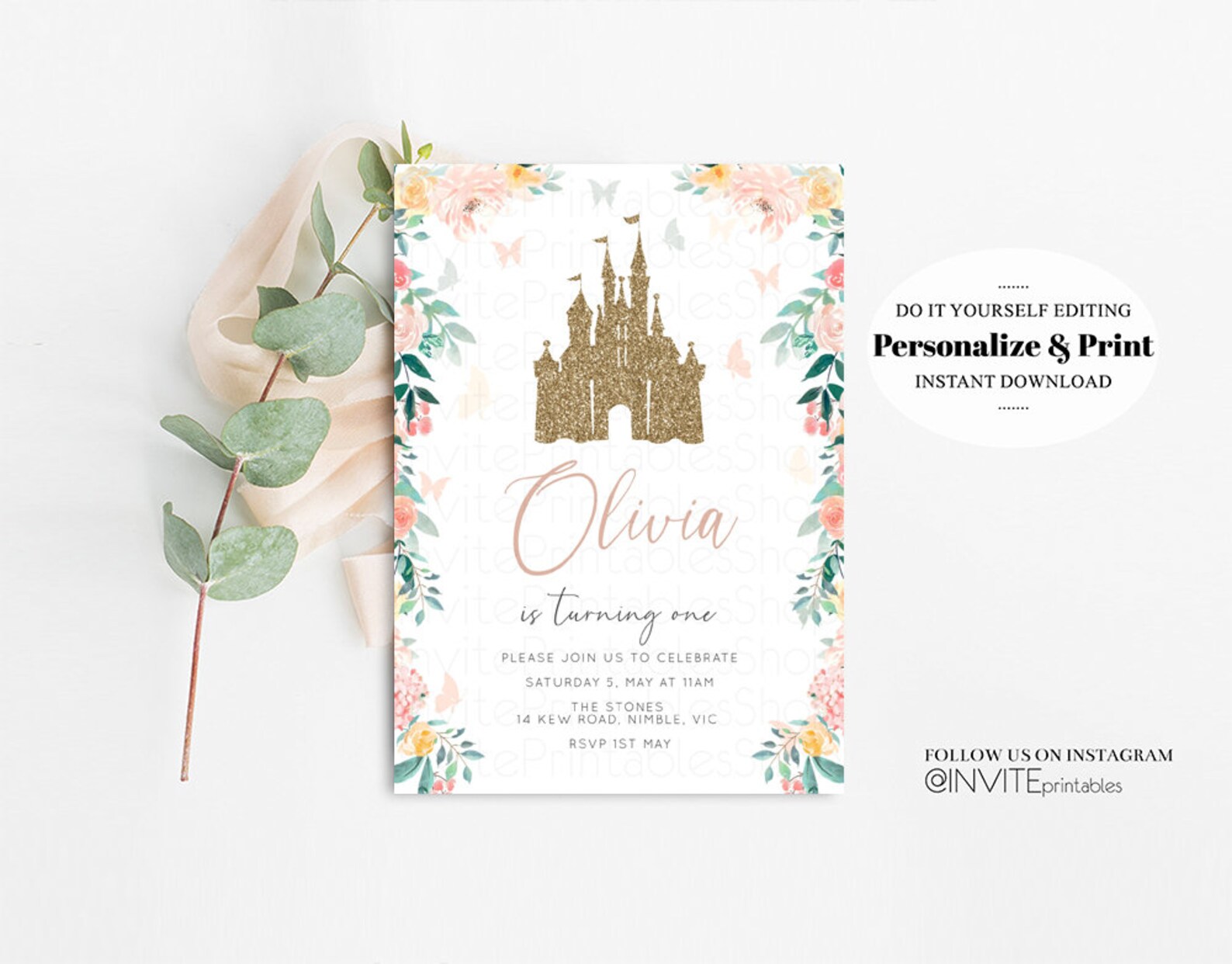 Princess Birthday Invitation Castle Invitation Glitter - Etsy