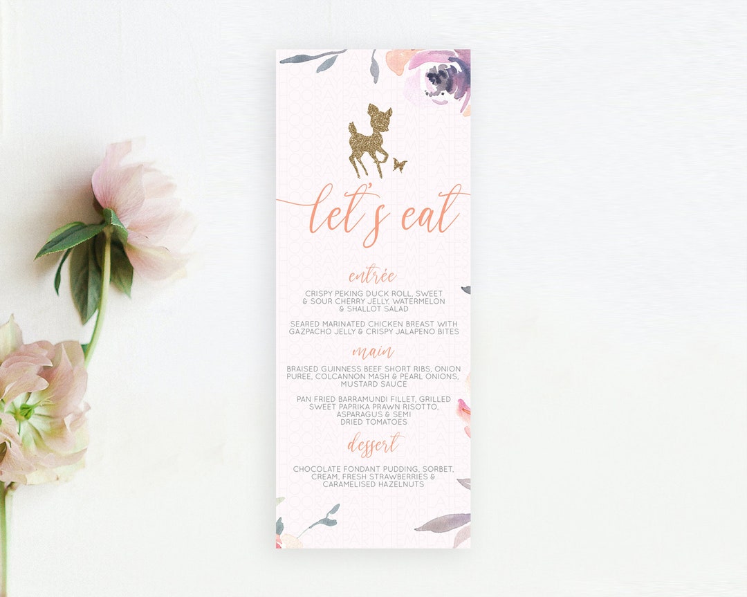 Fawn Menu Deer Menu Template Pastel Floral Deer Table Decor - Etsy