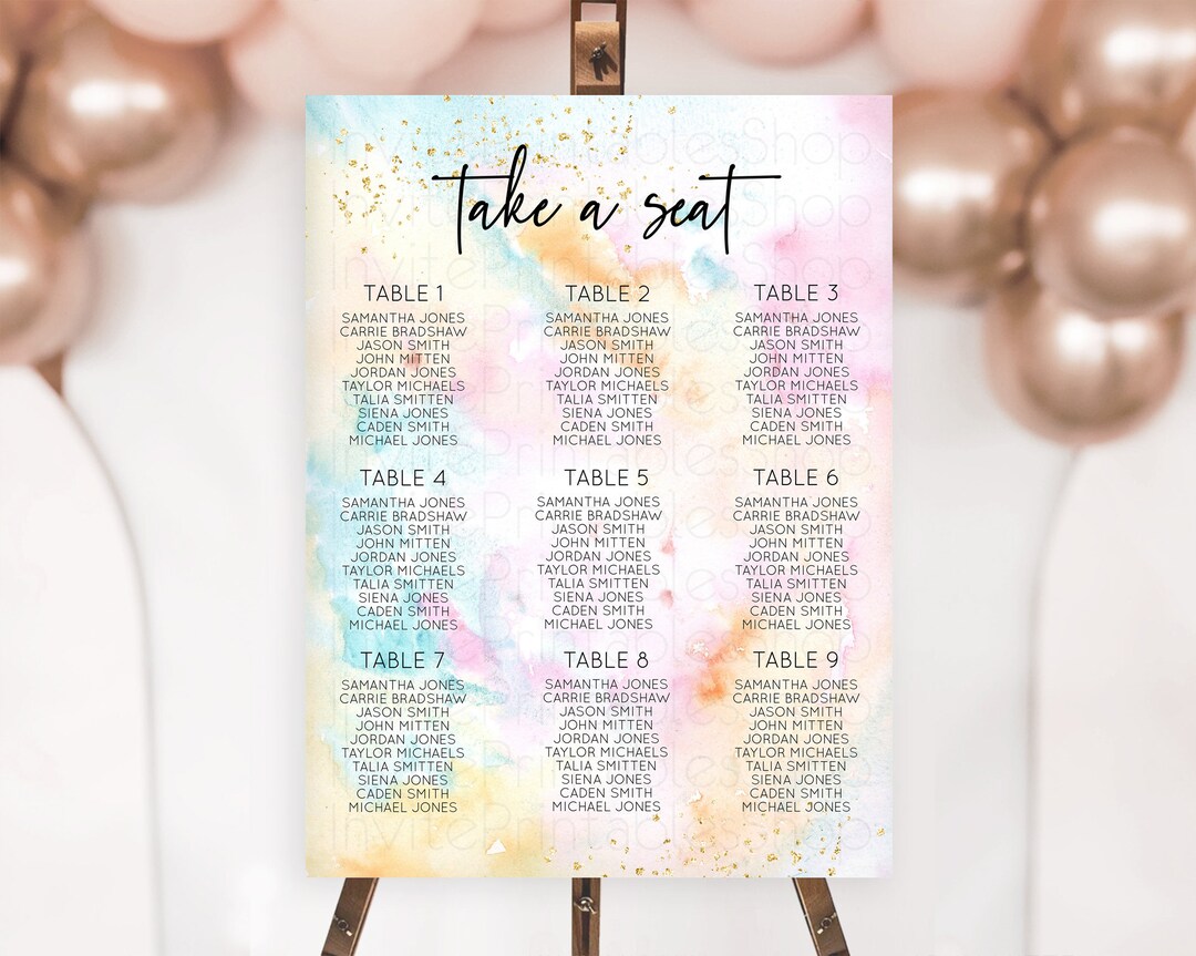 Rainbow Seating Chart Pastel Seating Chart Colorful Pastel Watercolor ...
