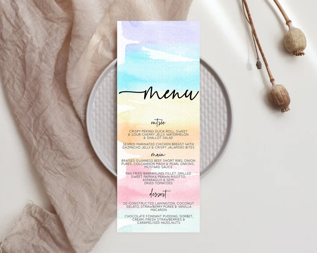 Pastel Menu Pastel Rainbow Menu Template Colorful Pastel Table Decor ...