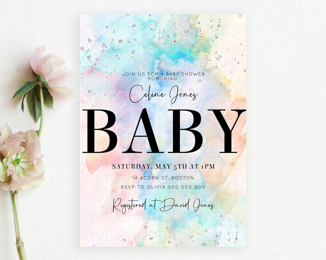 Pastel Rainbow Baby Shower Invitation, Pastel Watercolor, Colorful ...