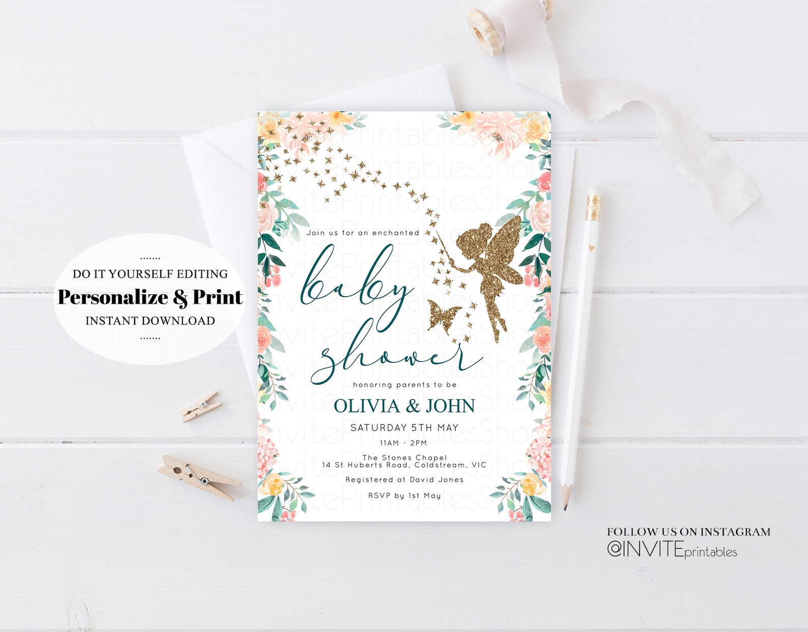 Fairy Baby Shower Invitation Enchanted Baby Tinkerbell Glitter - Etsy