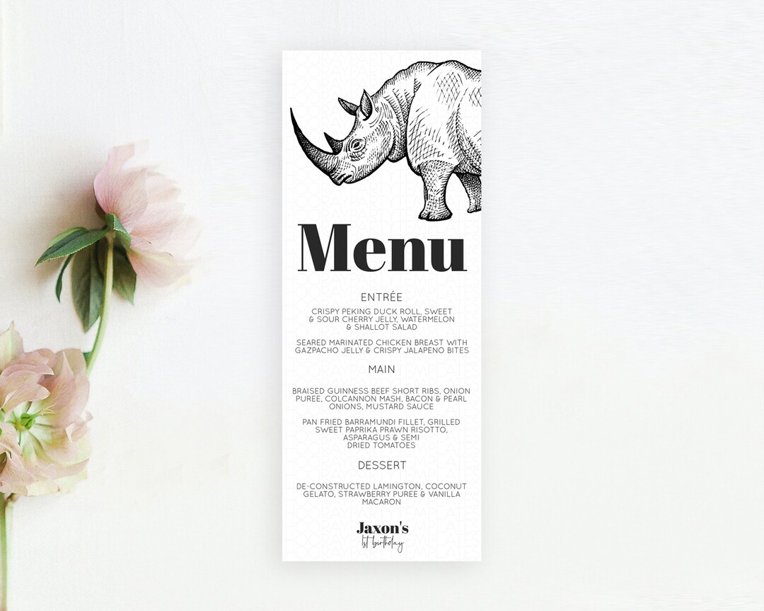 Rhino Menu Rhino Menu Template Rhino Party Table Decor Safari Adventure ...
