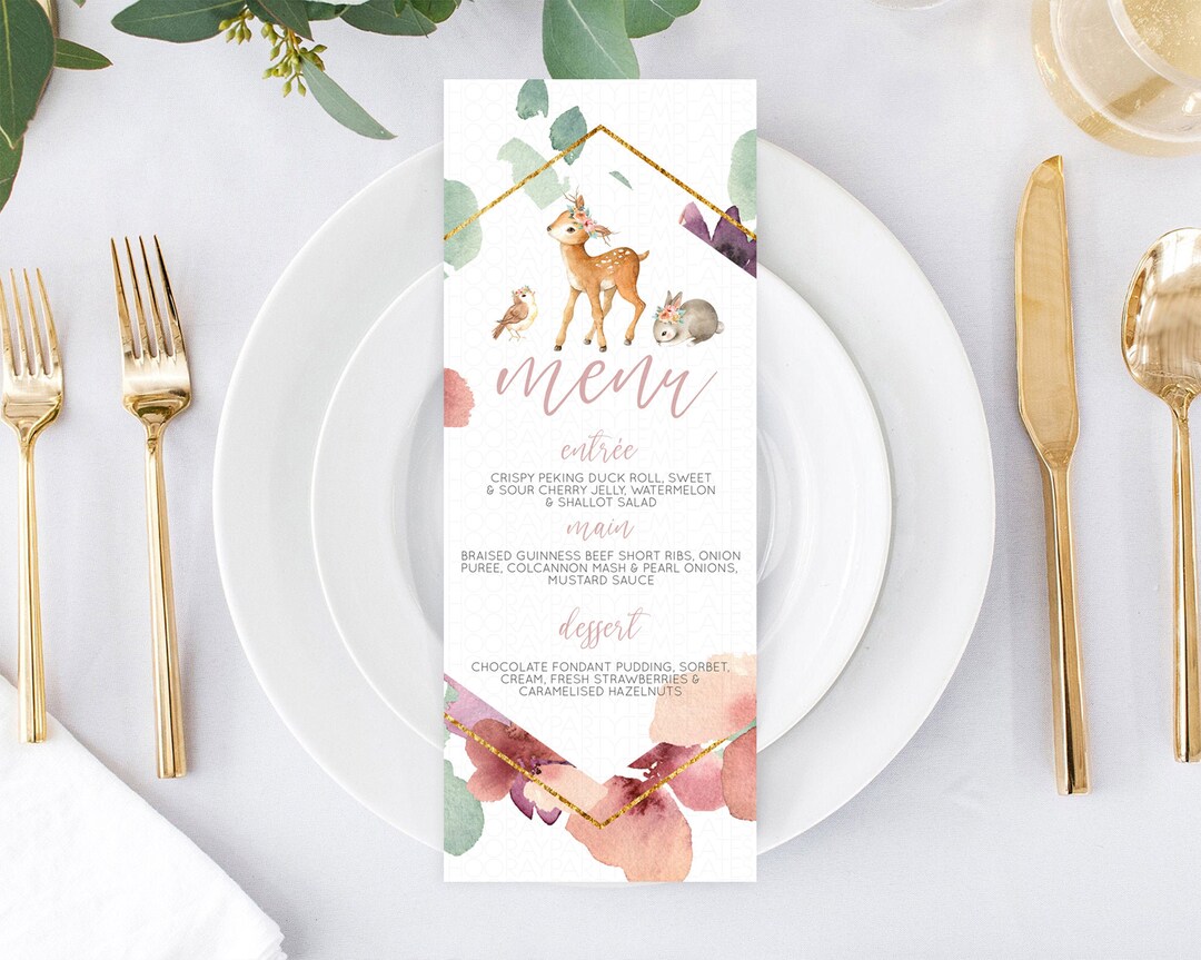 Fawn Menu Deer Menu Template Pastel Floral Deer Table Decor Enchanted ...
