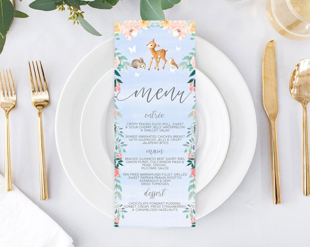 Fawn Menu Deer Menu Template Pastel Floral Deer Table Decor Enchanted ...