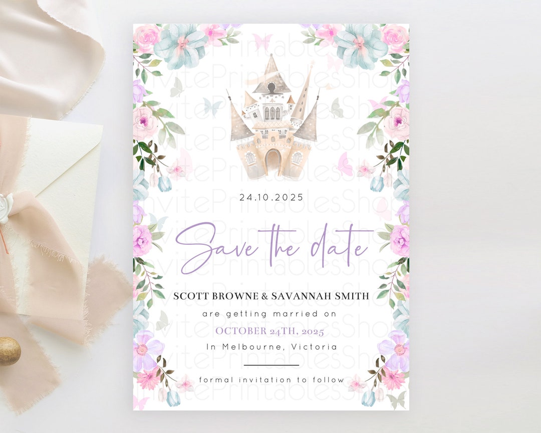 Princess Save the Date Template Secret Garden Enchanted Castle Pastel ...