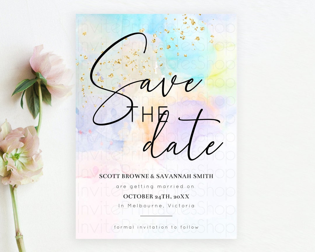 Pastel Save the Date Template Pastel Ombre Rainbow Watercolor Colorful ...