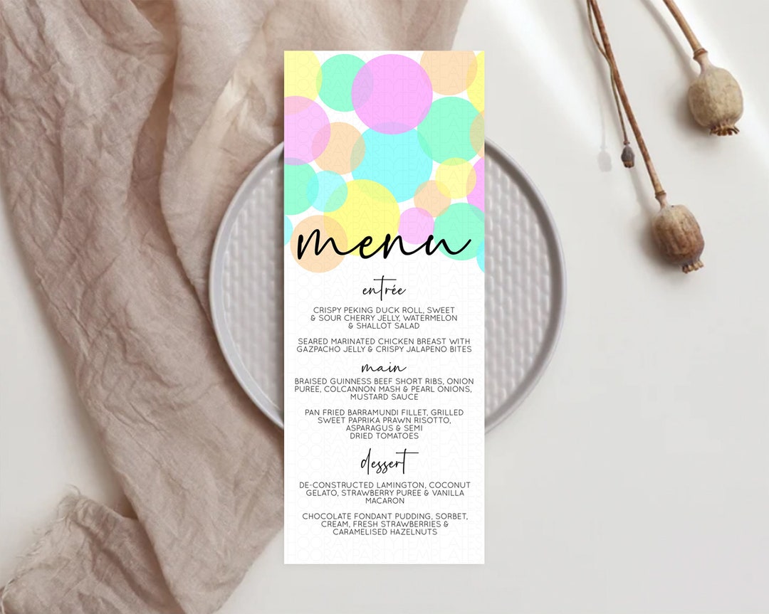 Rainbow Menu Pastel Menu Template Pastel Rainbow Table Decor Confetti ...