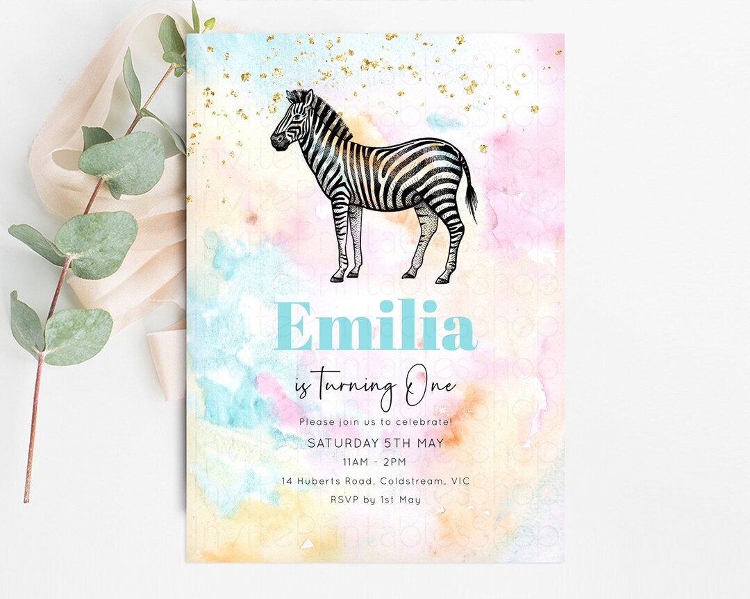 Pastel Zebra Birthday Invitation Pastel Zebra Invite Rainbow Zebra ...