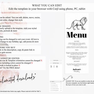 Lion Menu Lion Menu Template Lion Party Table Decor Safari Adventure ...