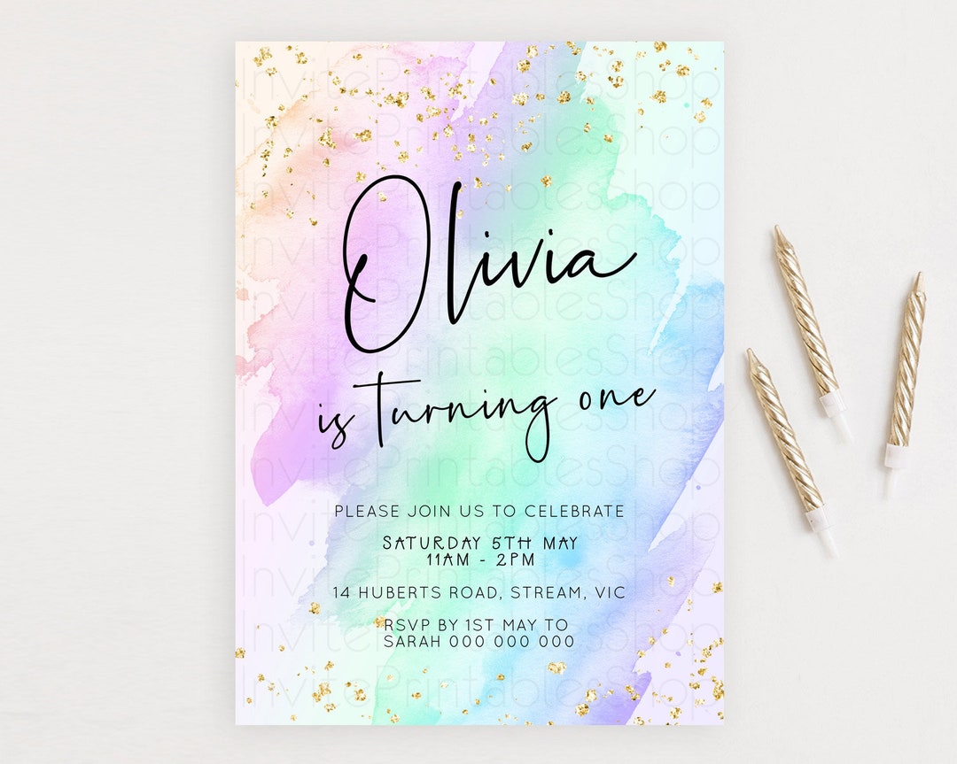 Pastel Birthday Invitation Ombre Watercolor Birthday Invitation Glitter ...