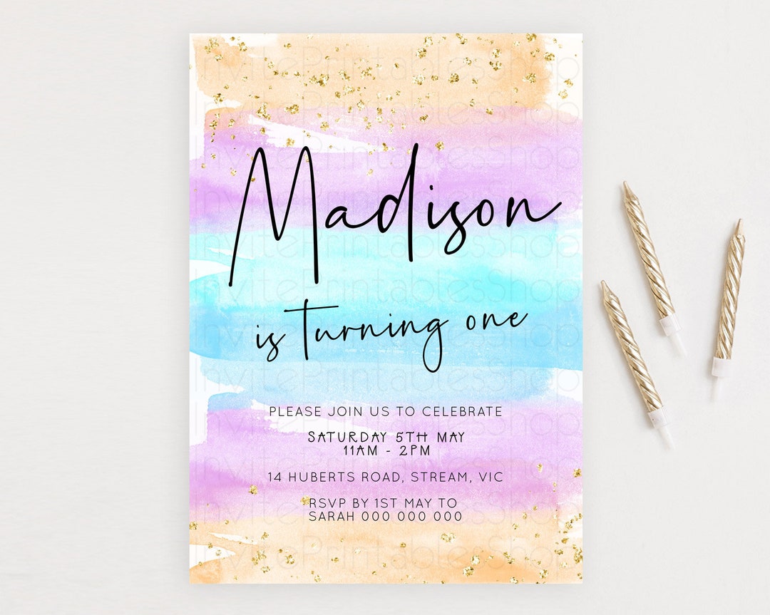 Pastel Birthday Invitation Ombre Watercolor Birthday Invitation Glitter ...
