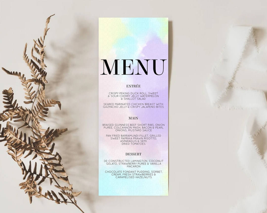 Pastel Menu Pastel Rainbow Menu Template Colorful Pastel Table Decor ...